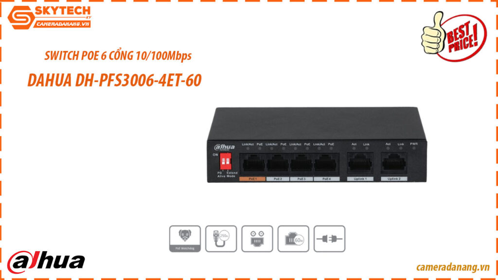 Switch POE 6 port Dahua DH-PFS3006-4ET-60